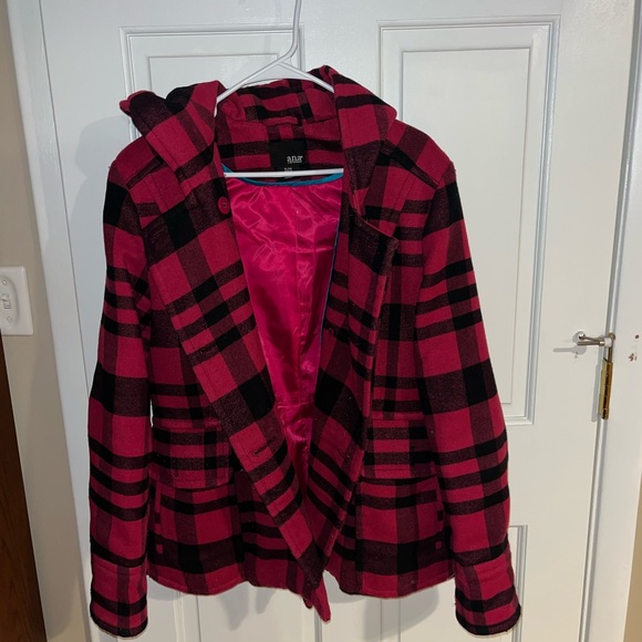 a.n.a | Jackets & Coats | Pink Plaid Ana Pea Coat With Hood | Poshmark